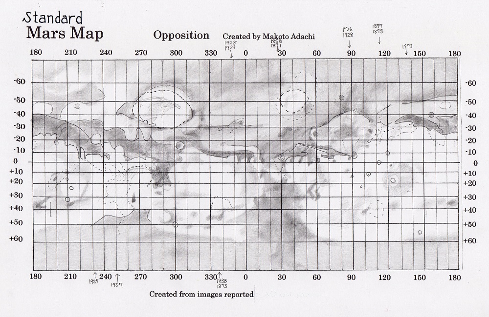 Mars Albedo Map by Observation Season by M.Adach in ALPO-Japan