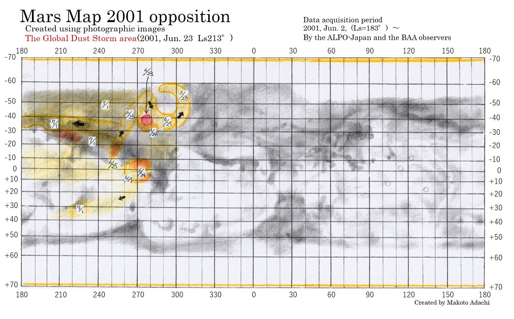 Mars Albedo Map by Observation Season by M.Adach in ALPO-Japan