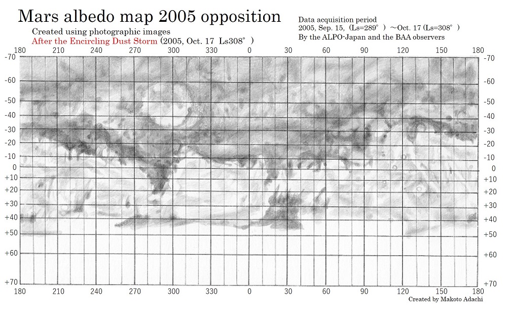 Mars Albedo Map by Observation Season by M.Adach in ALPO-Japan