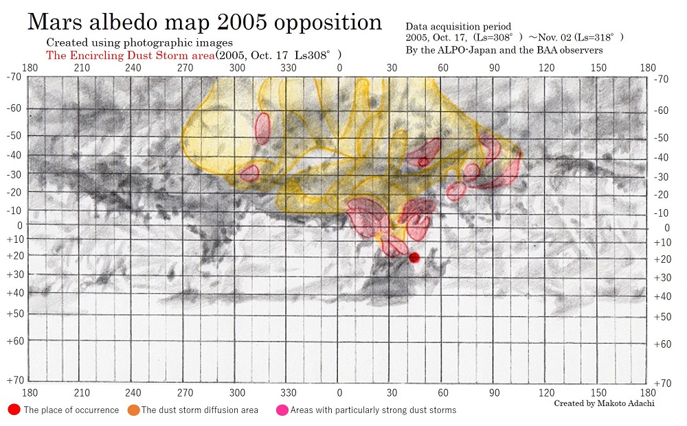 Mars Albedo Map by Observation Season by M.Adach in ALPO-Japan