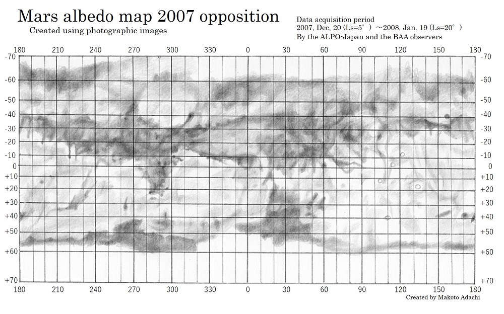 Mars Albedo Map by Observation Season by M.Adach in ALPO-Japan