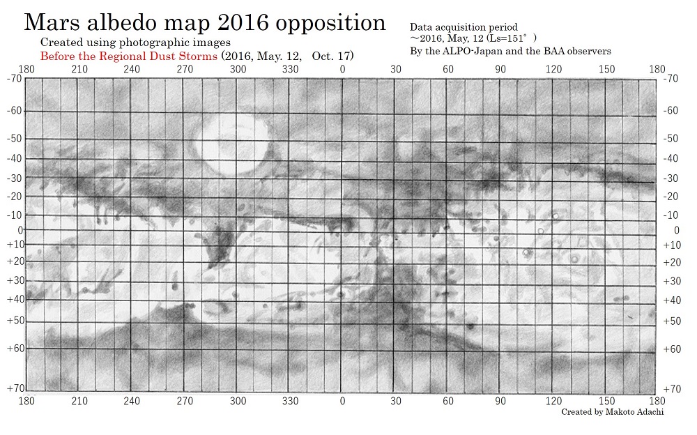 Mars Albedo Map by Observation Season by M.Adach in ALPO-Japan