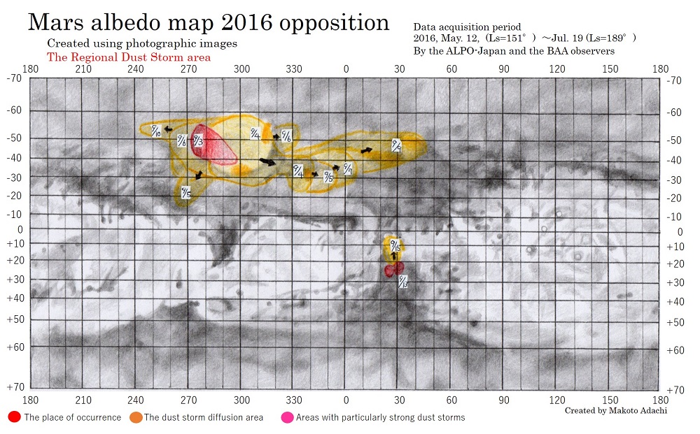 Mars Albedo Map by Observation Season by M.Adach in ALPO-Japan