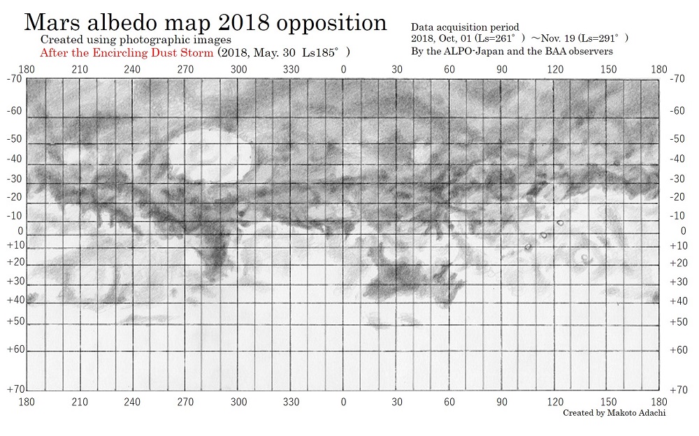 Mars Albedo Map by Observation Season by M.Adach in ALPO-Japan