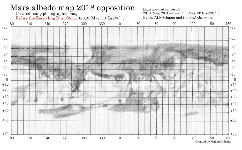 Mars Albedo Map by Observation Season by M.Adach in ALPO-Japan