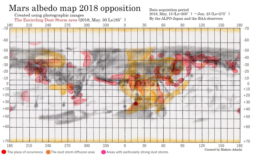 Mars Albedo Map by Observation Season by M.Adach in ALPO-Japan