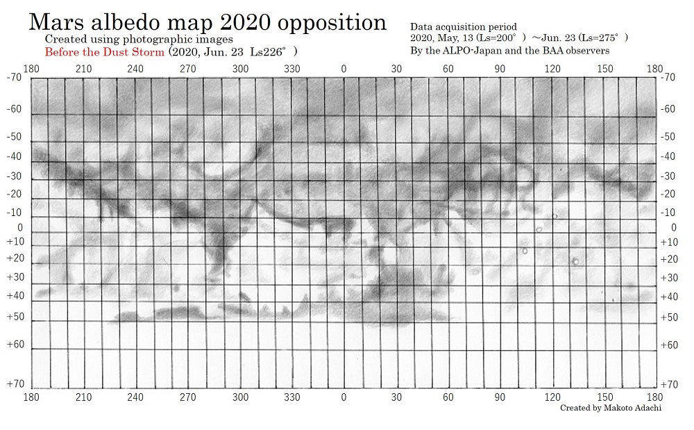 Mars Albedo Map by Observation Season by M.Adach in ALPO-Japan