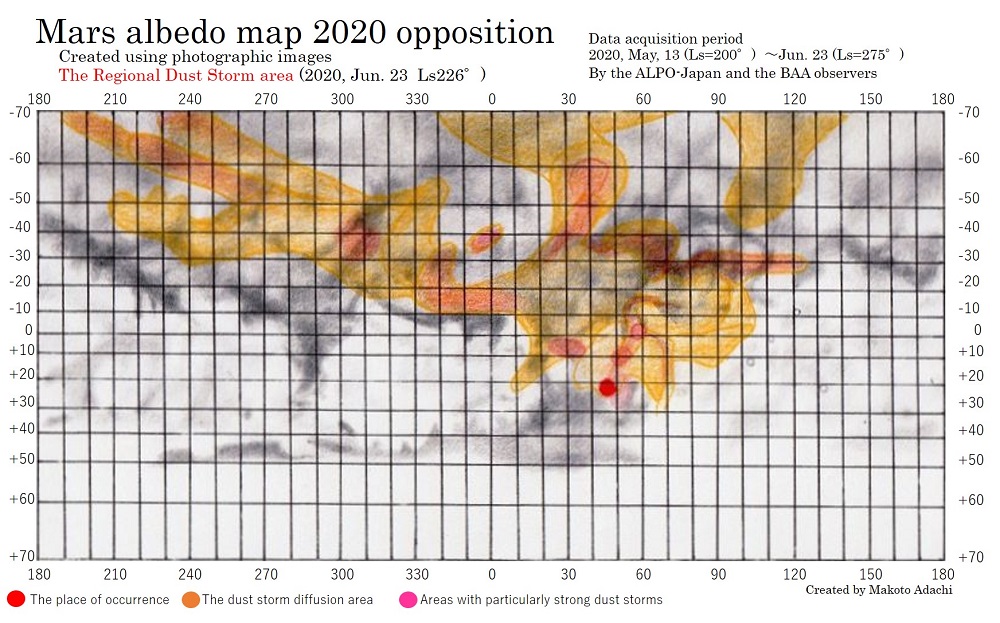Mars Albedo Map by Observation Season by M.Adach in ALPO-Japan