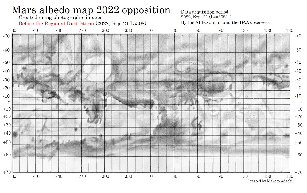 Mars Albedo Map by Observation Season by M.Adach in ALPO-Japan