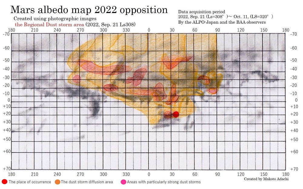 Mars Albedo Map by Observation Season by M.Adach in ALPO-Japan